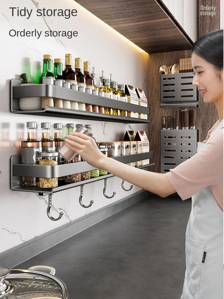 Space-saving Kitchen Hook Rack Wall Shelf For Utensils And Seasonings ...