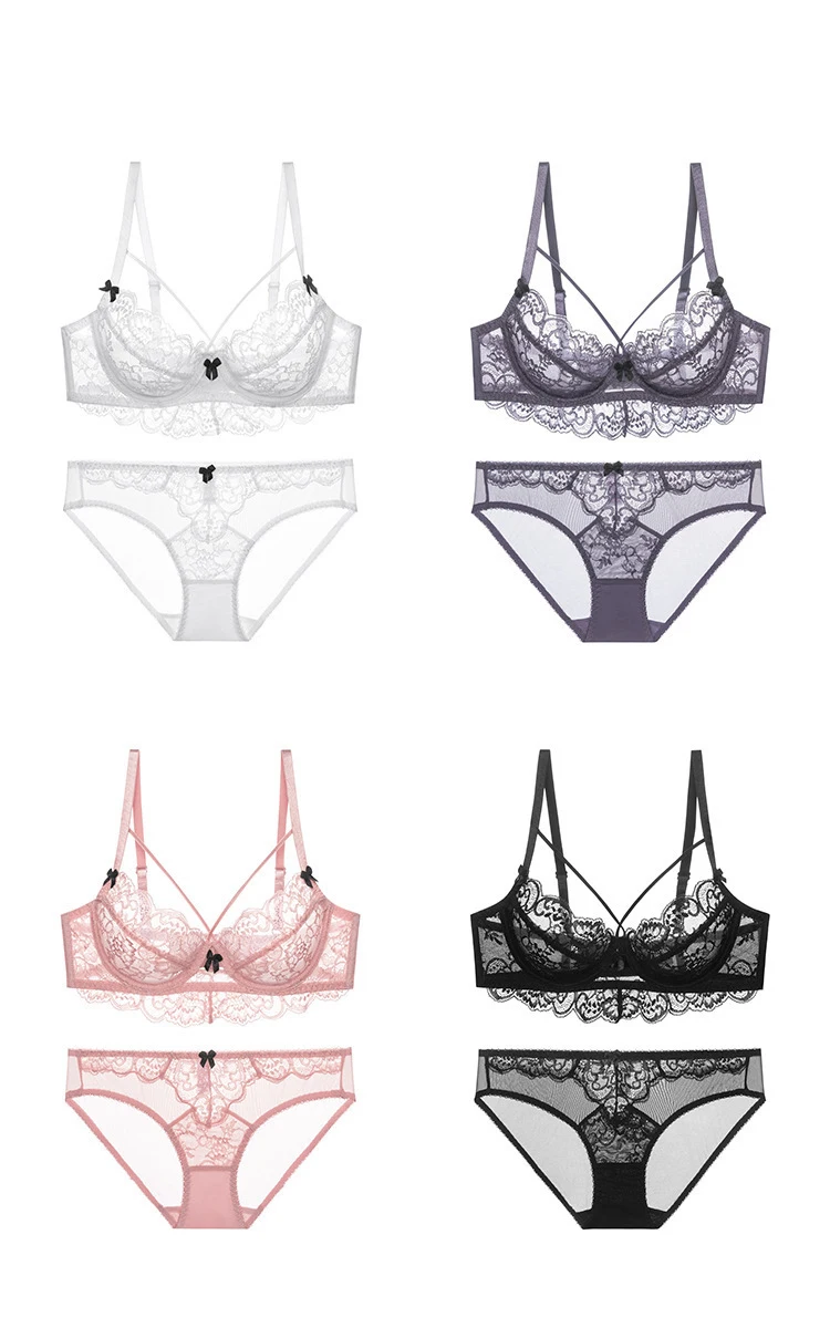 French Women Ultra Thin Lace Push-up Bras And Panty Set Bow Decoration High Quality Breathable ...