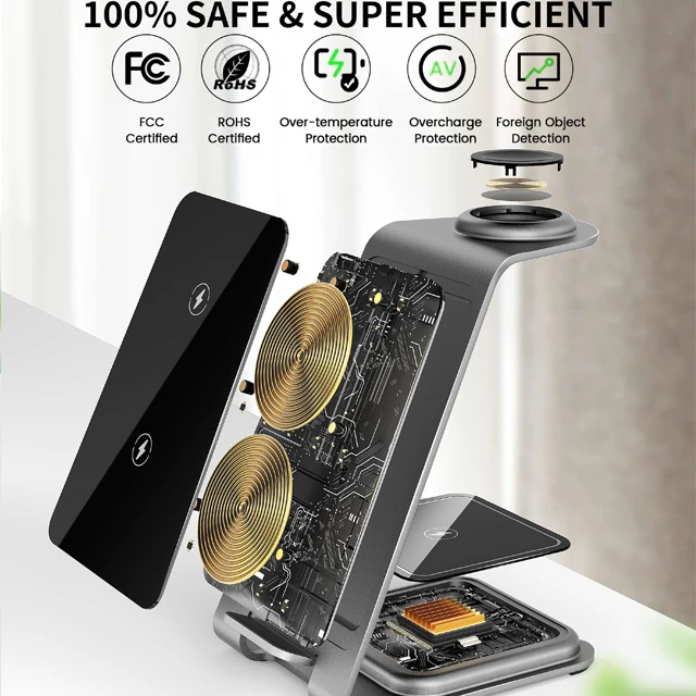 OEM Desk Portable Phone Wireless Charger 3in1 Qi 15W