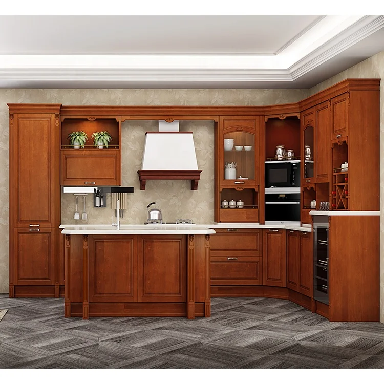 Kitchenette Open Type Red Oak Wood Kitchen Cabinet