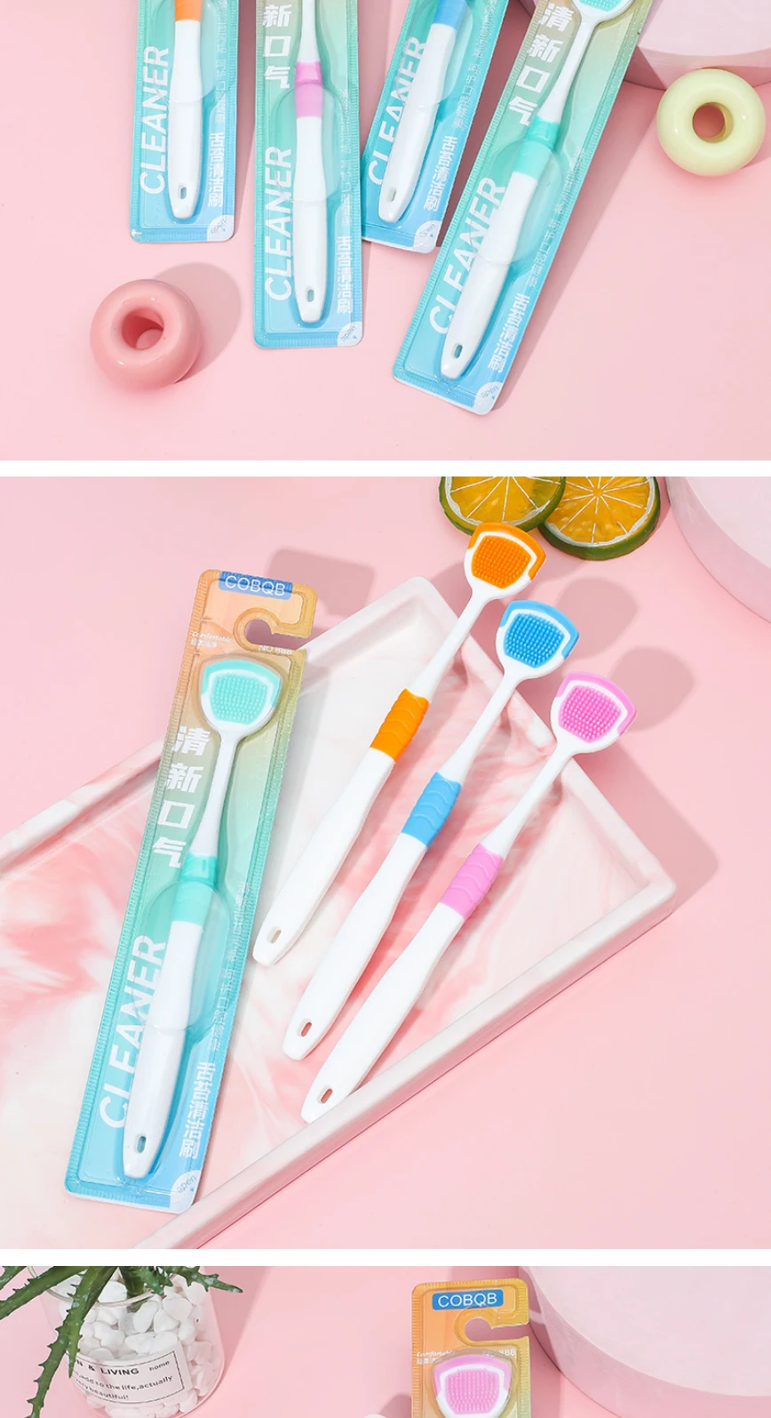 Reusable Oral Cleaning Two-sided Silicone Tongue Coating Cleaning Brush ...