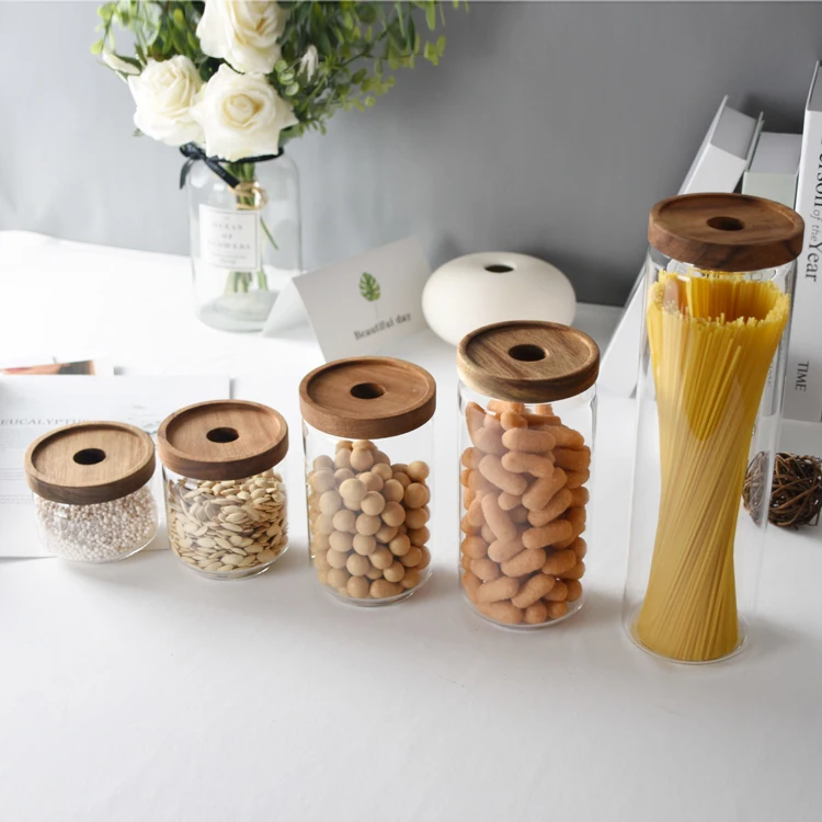 Airtight Glass Storage Jar with Wooden Lid for Coffee Beans & Spices ...