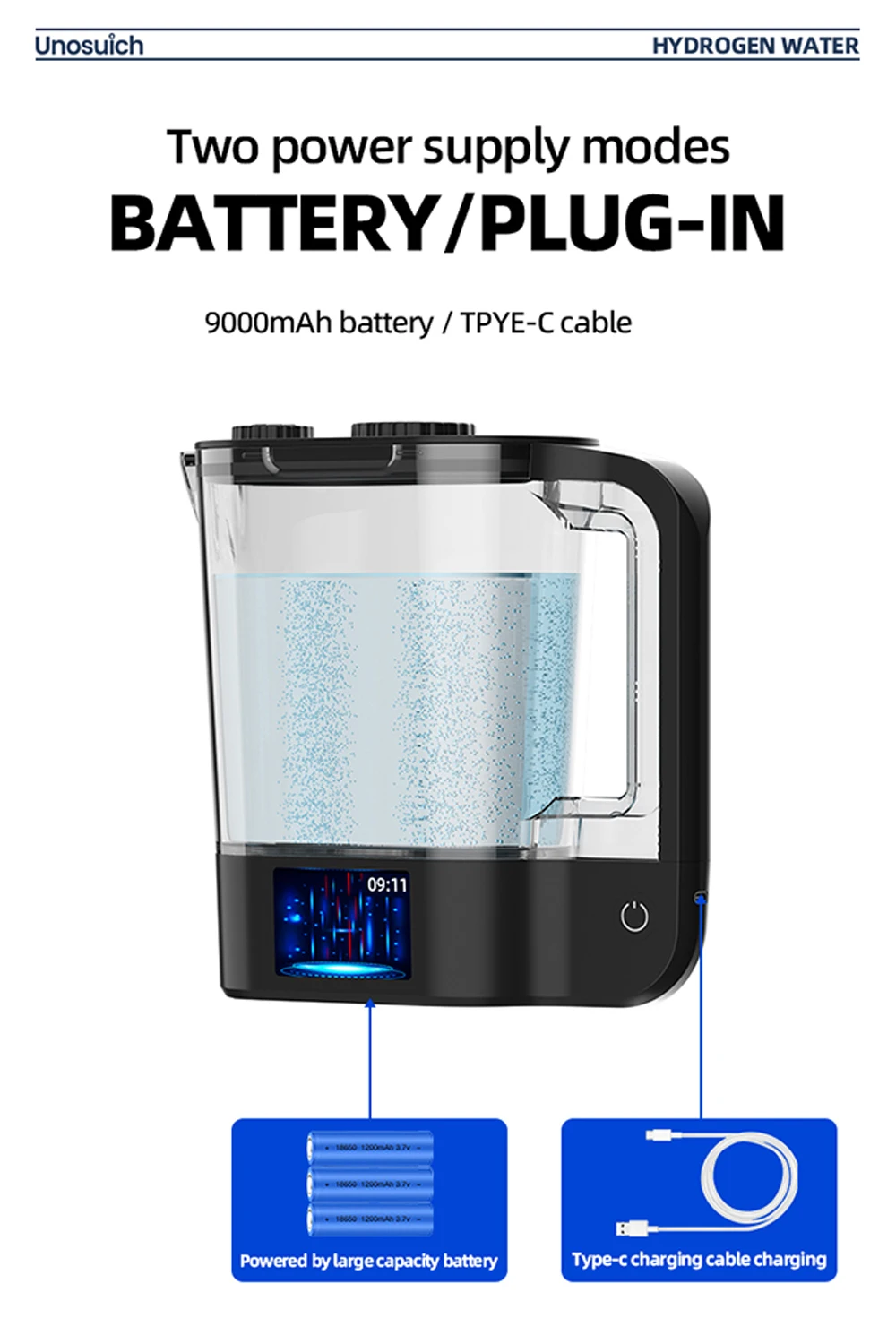 2L 2000ppb Rechargeable Portable Hydrogen Water Jug Electric PEM SPE ...