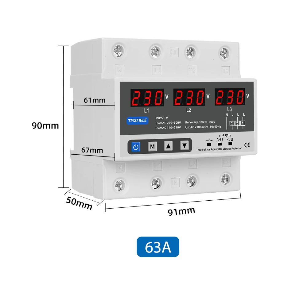 3 Three Phase Voltage Relay Protector 63A 60A 220V 380VAC 3P+N Over ...