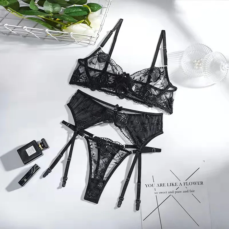 Sexy Lingerie Fashion Breathable Comfortable 3/4 Cup Yarn Dyed Bra Sets ...