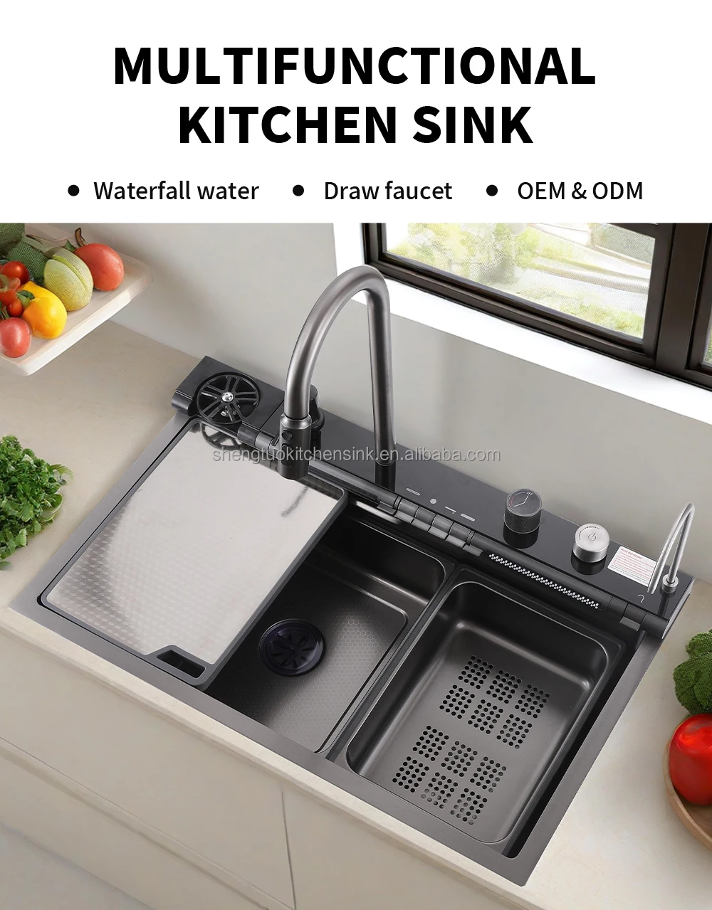 LED Digital Display Smart Double Waterfall Sink 201 304 Multifunction ...