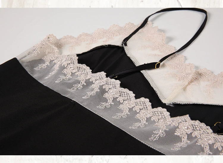 Sleepwear Women Draw Strap Ruched Satin Contrast Lace Sexy Pajamas ...