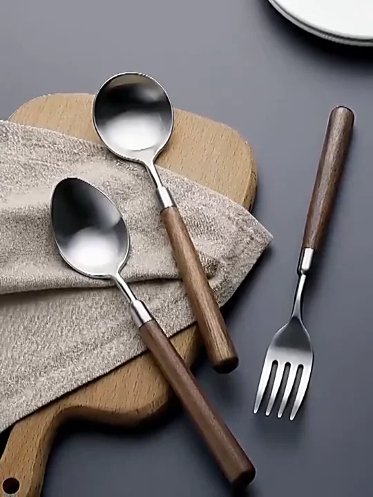 304 Stainless Steel Wooden Handle Spoon Food Grade Fork Household ...