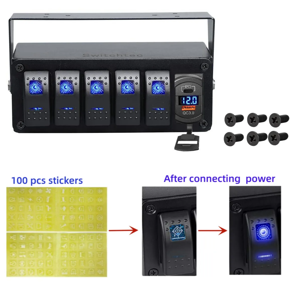 5 Gang Rocker Switch Box 12V SPST on Off Switch PD Type C and QC 3.0 ...