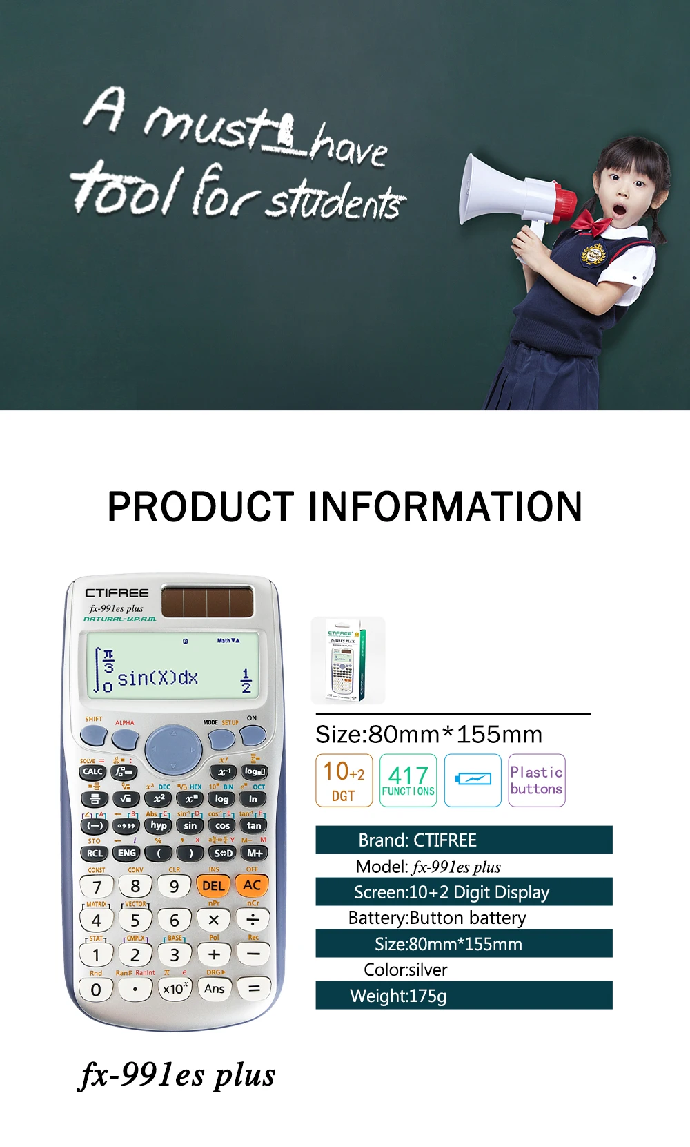 Ctifree Fx 991es Plus 10+2 Digits Large Screen Scientific Calculator ...