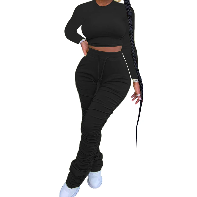 Hot Selling 2021 Fall And Winter Solid Color Stacked Pants Set Women ...