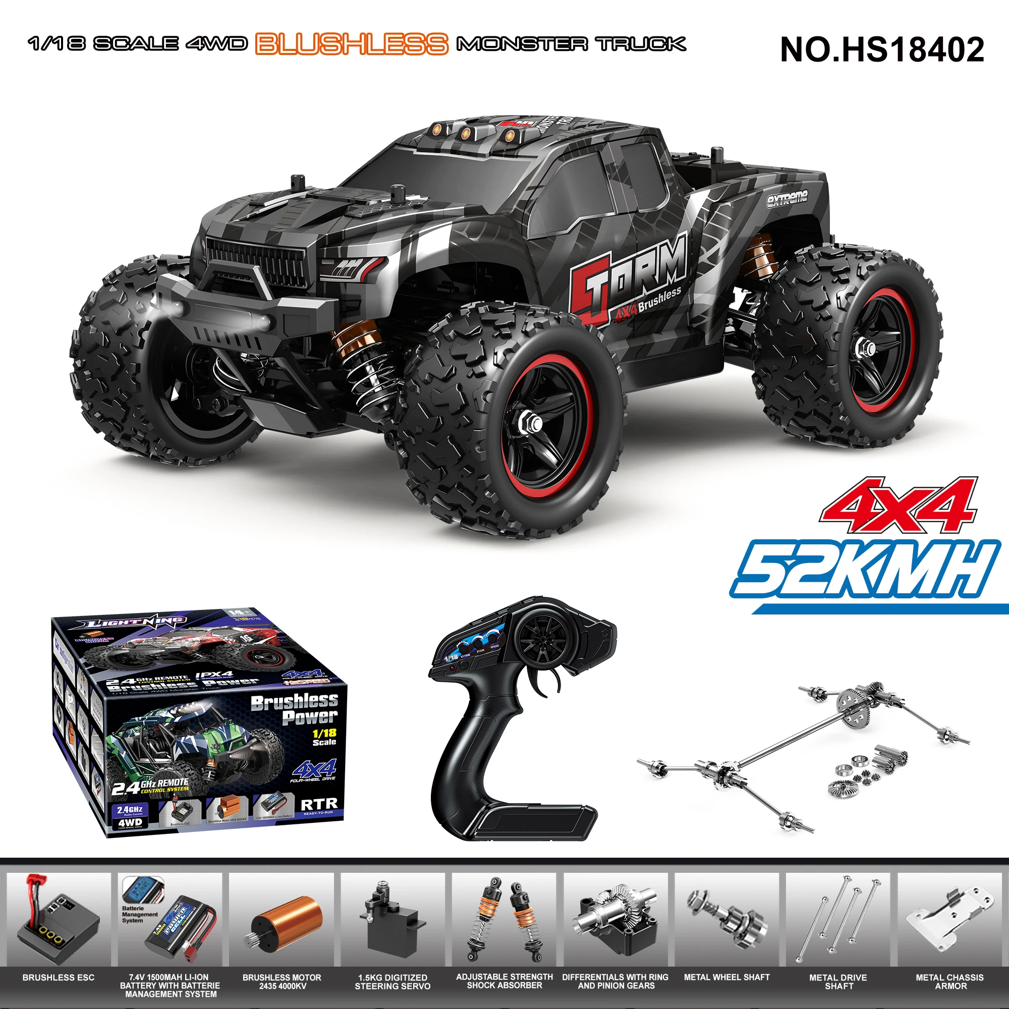 HOSPEED 1/18 Brushless Storm RC Monster Pickup Truck - 4WD High-Speed ...