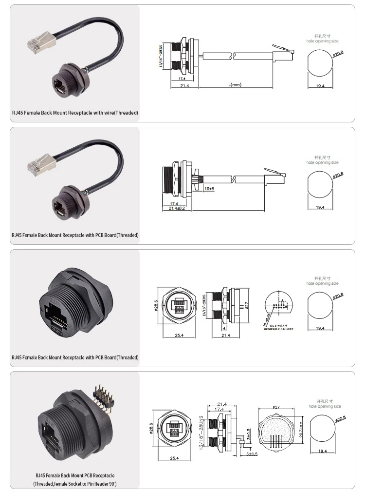 E13 RJ45 Threaded Female Back Mount Plug Connector with Wire/PCB Board ...