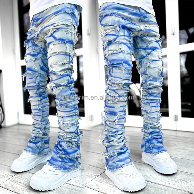 New Arrival Sapphire Blue Stacked Denim Pants Men Wholesale Raw Hem ...