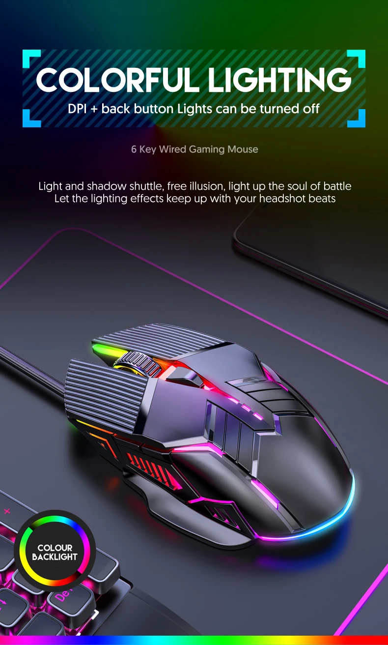 Ergonomic RGB Wired Gaming Mouse 3200 DPI with 6 Buttons for PC & Laptop Gamers