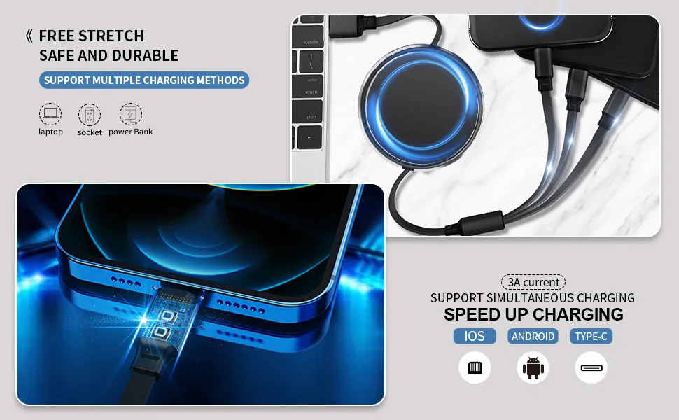 Classic Design 3 In 1 Retractable Fast Charging Cable Phone Charge Usb ...