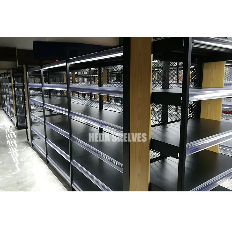 Versatile Black Gondola Shelving System With Integrated Light Bars for ...
