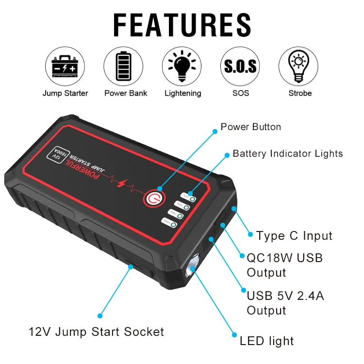 High Power Car Battery Emergency Power Supply 500a Portable Multi Function Power Bank Car Jump ...