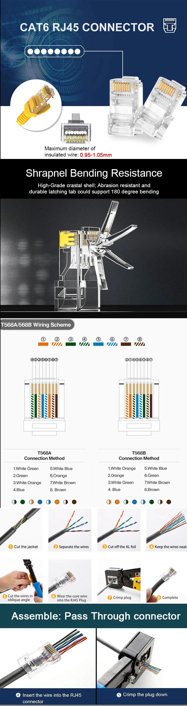 Ethernet Rj45 Connector Cat5e Cat6 Pass Through 8p8c Modular Plug Utp ...