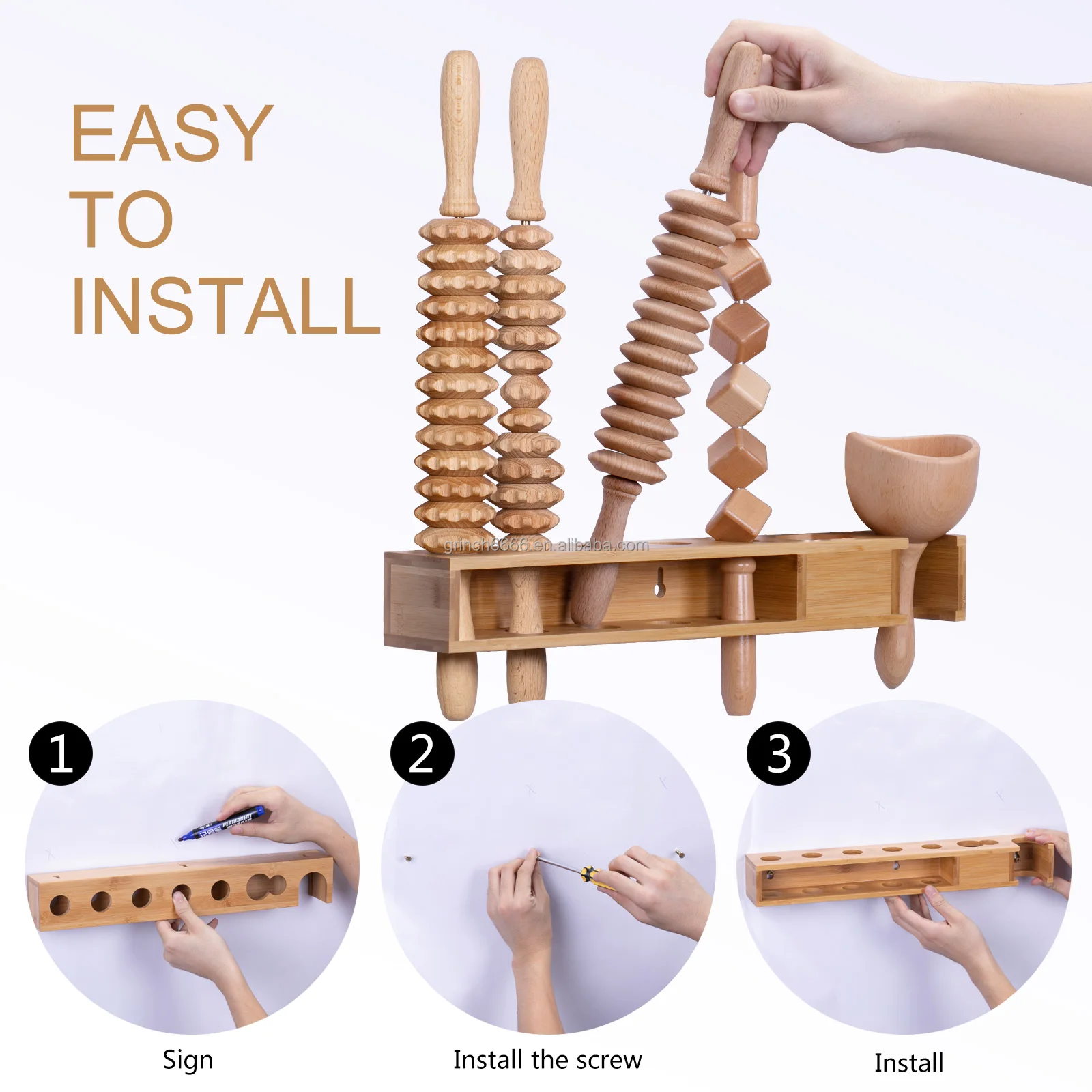 Wood Therapy Tool Storage Rack Wall Mount Massager Roller Organizer ...