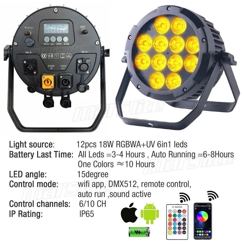 Marslite IP65 12x18w RGBAW UV Led Par Battery Wireless Wifi