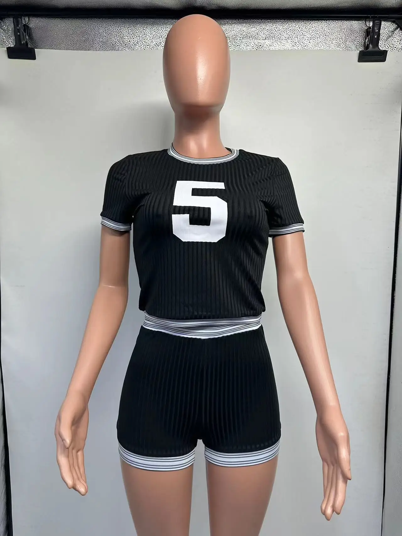 C1085 Fashion Casual Knitting High Elastic Printed Short Sleeve 2-piece ...