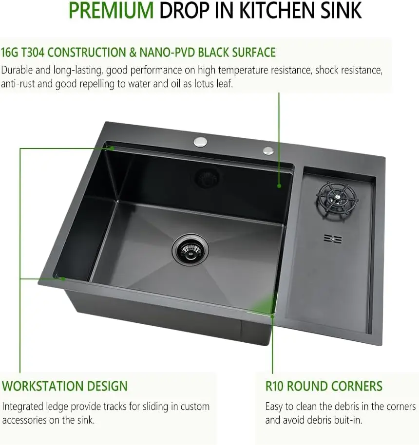 Nano Black Hidden Bar Kitchen Sink Sus 304 Stainless Steel Flip Cover ...