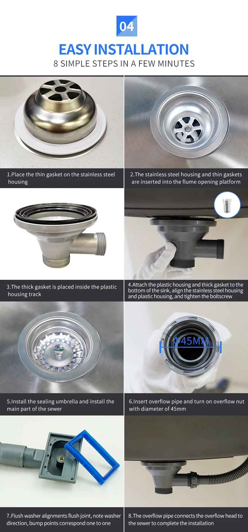 Usa 114 Sink Drainer With Pe Overflow Nozzle - Ss304 & Ss201, Oem
