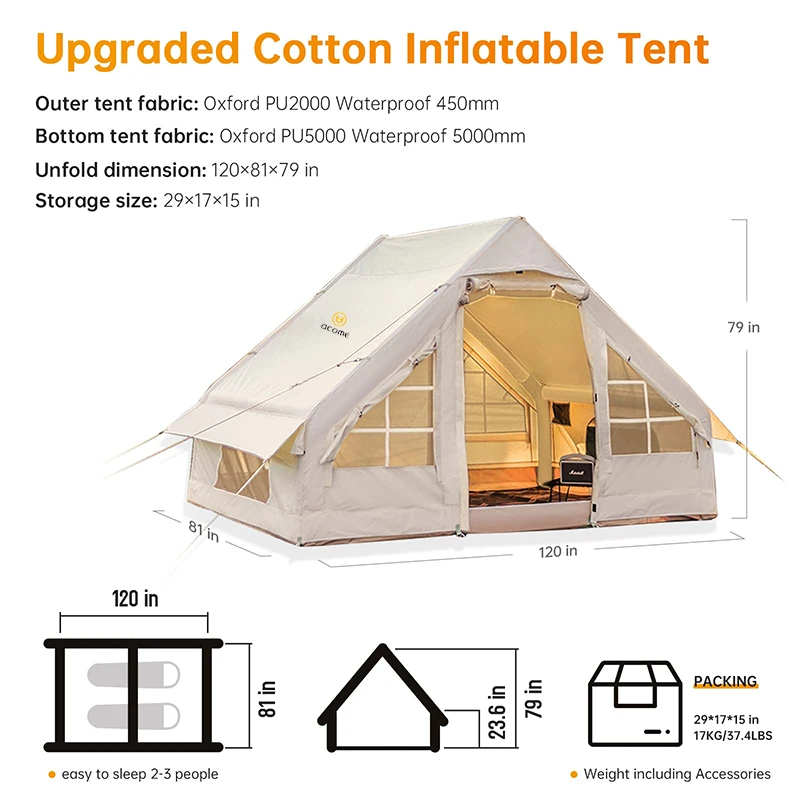 Acome Canvas Bell Tent Inflatable Camping Tent Portable Outdoor Air ...