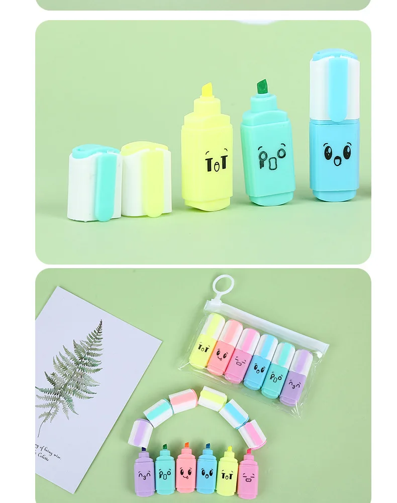 H138 Cute Student Supplies Highlighter Pen 6-color Bag Pack Single Head ...