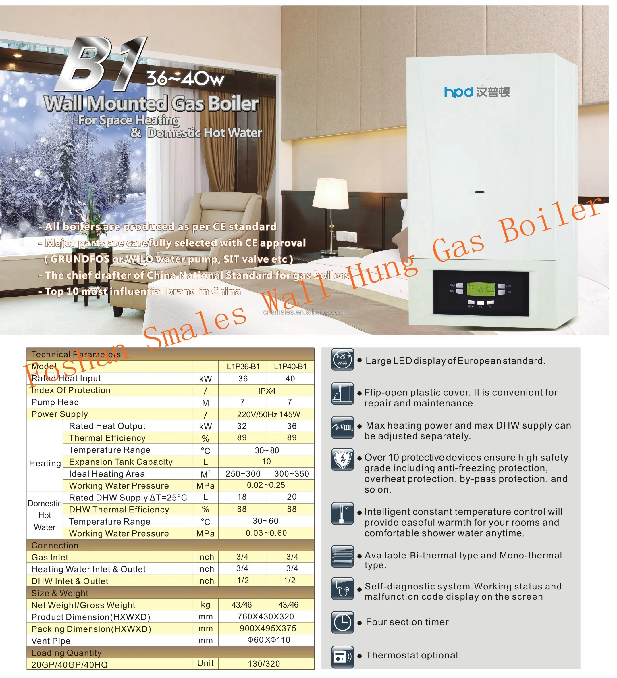 WIFI Wall Hung Gas Condensing Boiler 40KW & 50KW Hot Sale