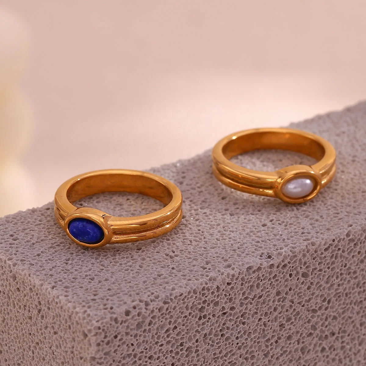 Dainty Oval Gemstone Signet Ring Water Proof Jewelry PVD Gold Plated ...