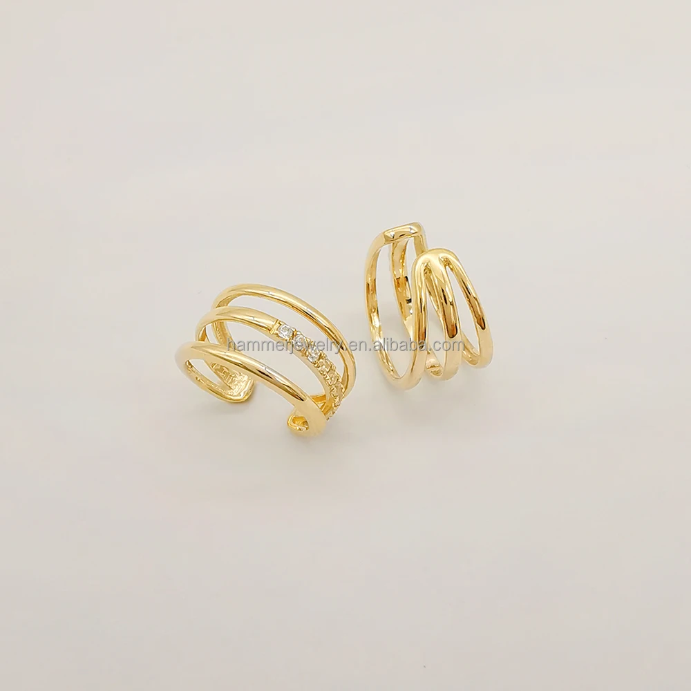AU585 Real Gold Trendy Double Layered Ear Cuff 14K Solid Gold With Zircon Clip on Earring Ear ...