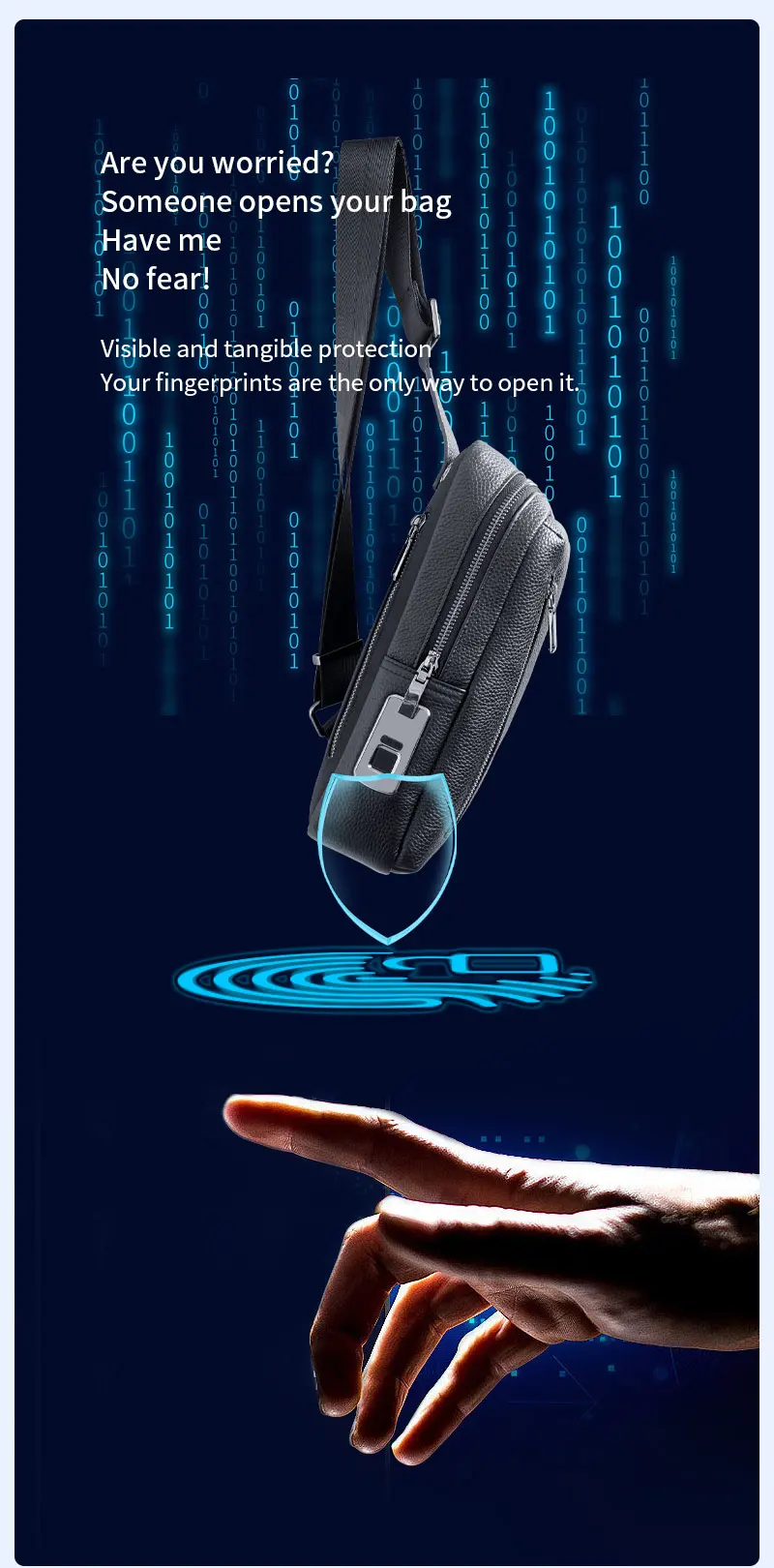 Fingerprint Lock Men Genuine Leather Man Chest Bags Smart Fingerprint ...