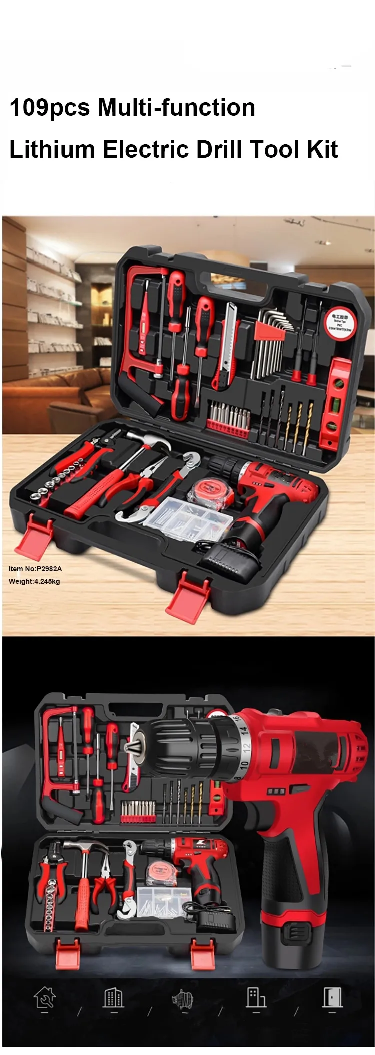 Professional Cordless Electric Power Combo Household Tool Set Power ...