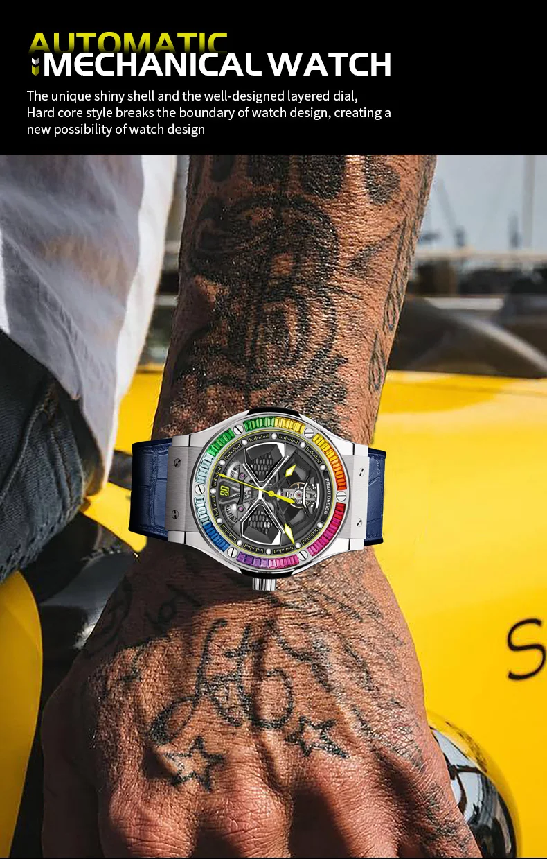 Pindu Men's Luxury Mechanical Watch with Rainbow Bezel, Automatic ...