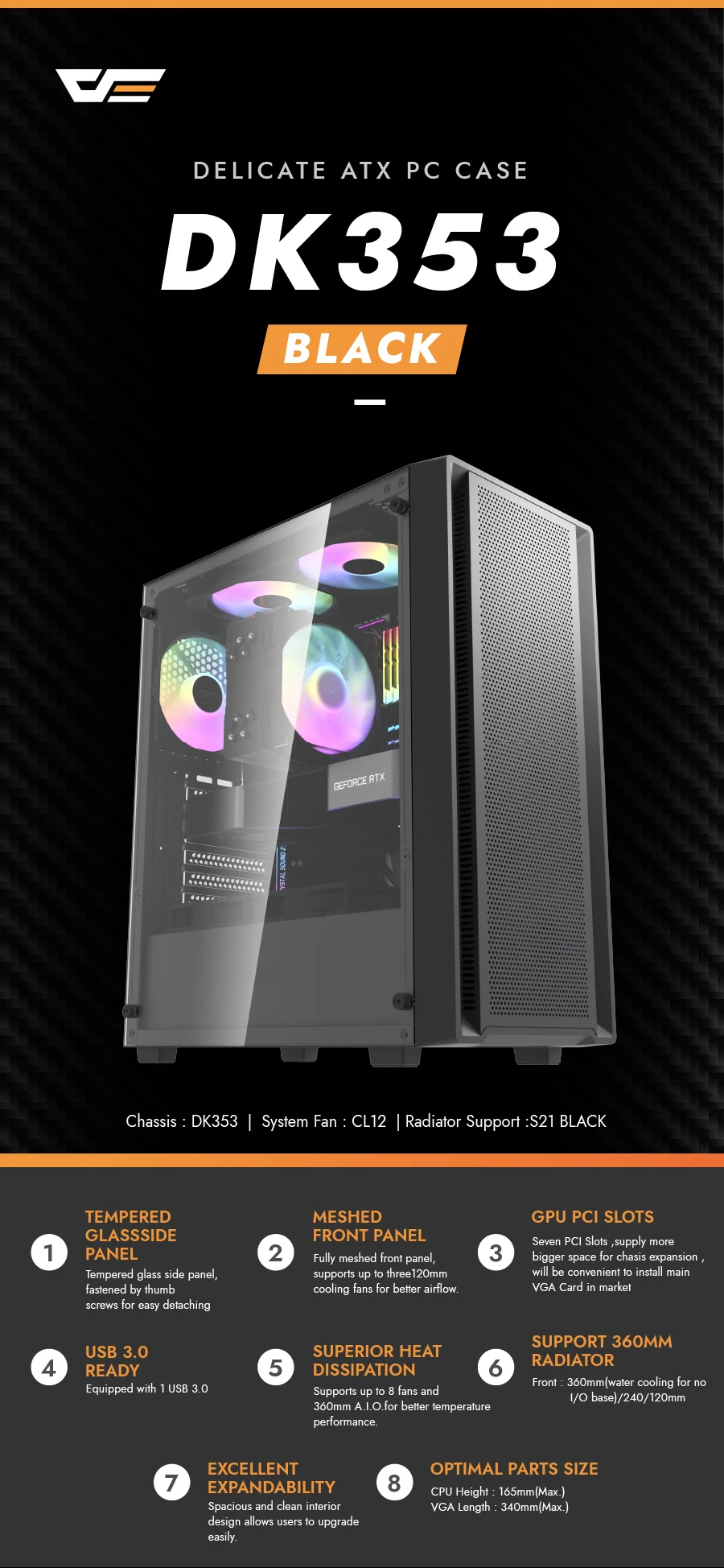 Darkflash DK353 ATX Mesh - Best Airflow for 360 Water Cooling