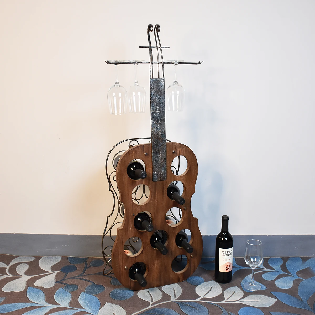 Cello Shape 11 Bottles Decorative Metal Wine Glass Rack Wooden Wine ...