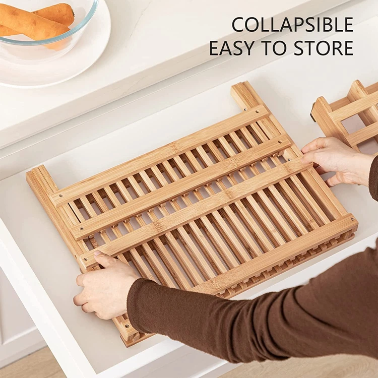 Bamboo Collapsible Folding Plate Rack 2-tier Rack With Utensil For ...