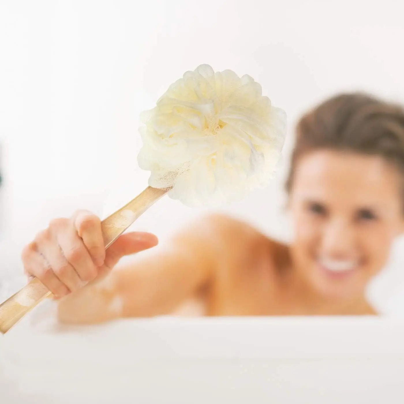 Exfoliating Bath Puff with Long Handle - Wood Sponge