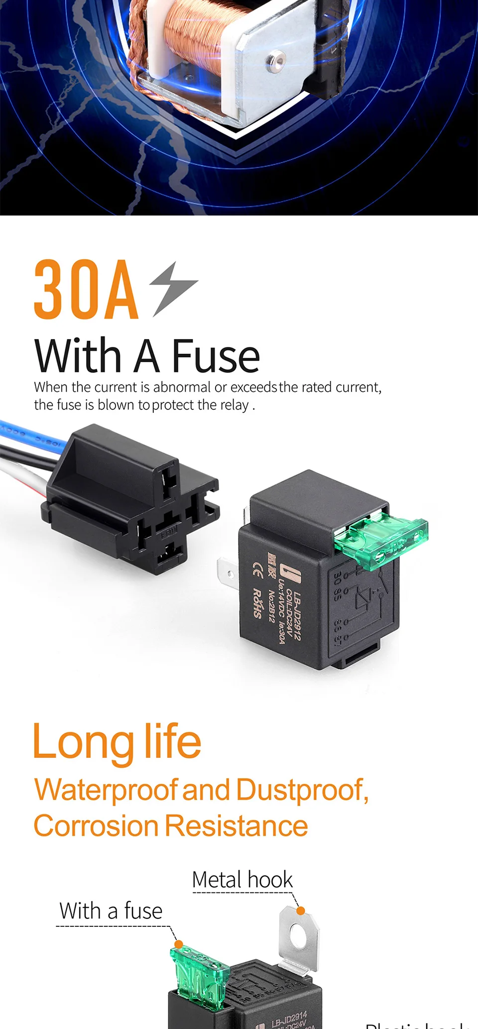 LANBOO 80A Automotive Electromagnetic Relay 12V/24V Integrated 4/5 Foot Waterproof Oilproof ...