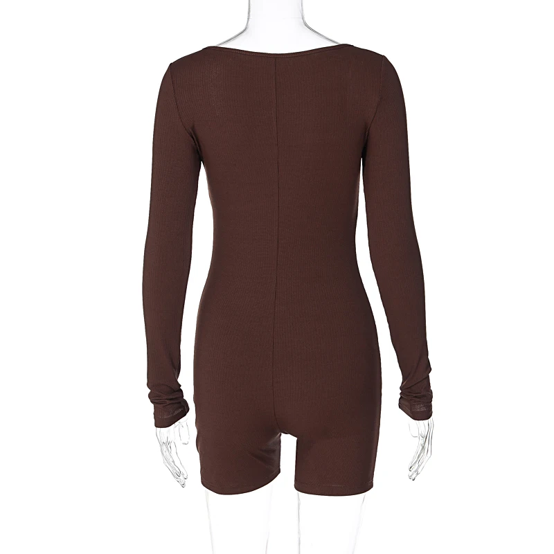 3253 Solid Rib Knit Long Sleeve Square Collar Notched Women'S Rompers ...