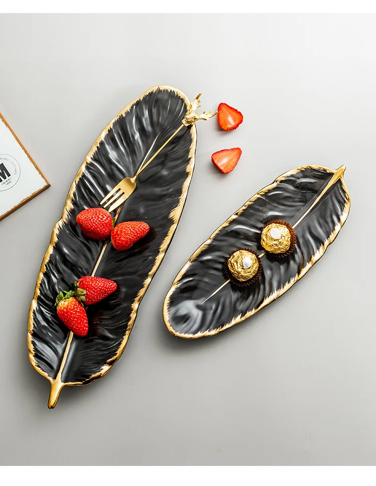 Nordic Style Gold Border Feather Jewelry Storage Plate Ceramic Craft ...
