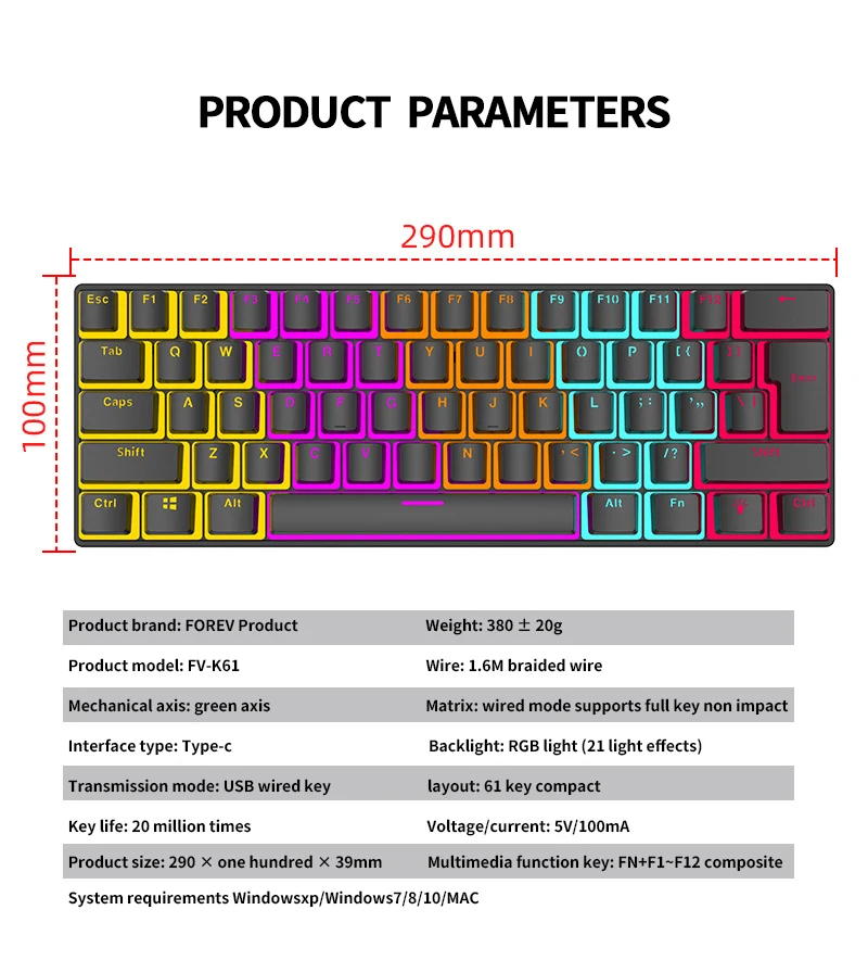 RGB Translucent Mechanical Gaming Keyboard - 60% Layout