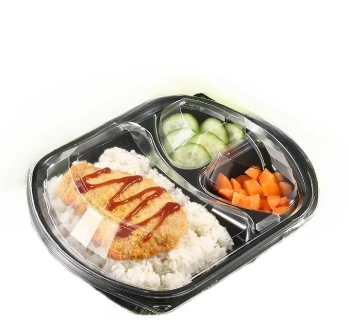 Microwavable 3-Compartment Black Bento Lunch Box Disposable PP Plastic ...