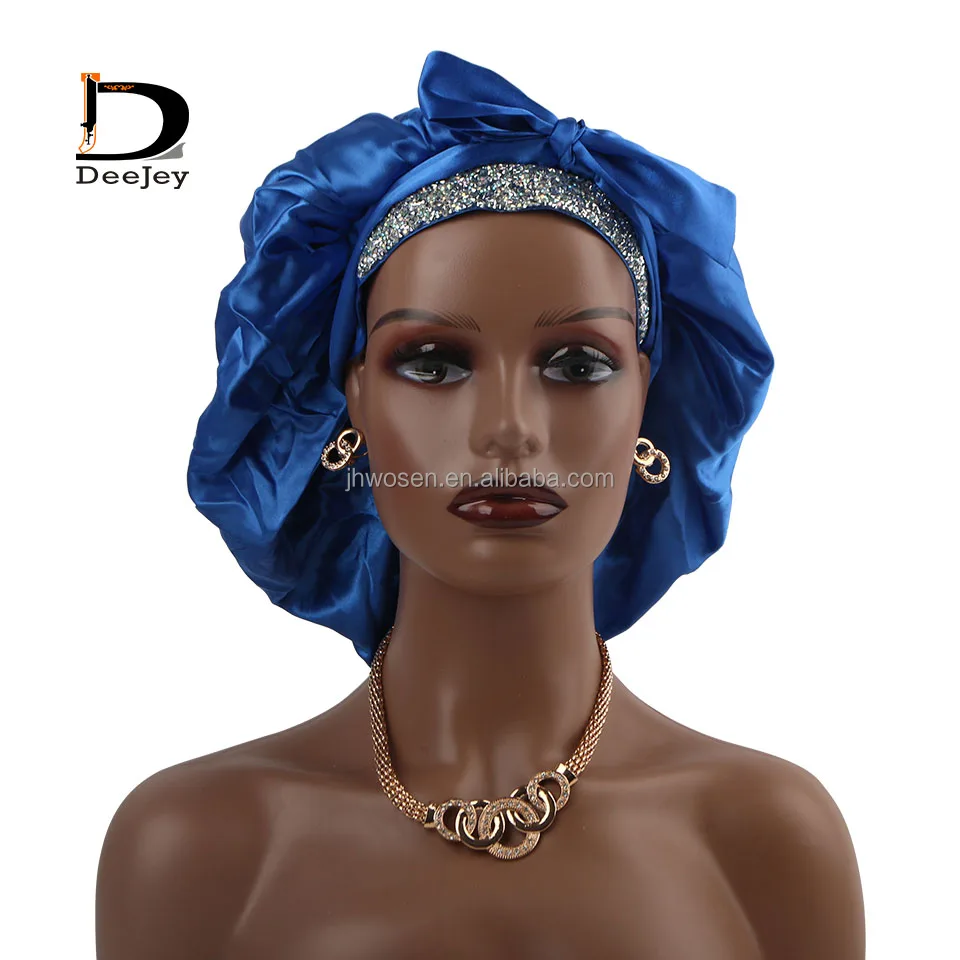 Custom Logo Glitter Diamond Satin Bonnets with Rhinestone Band Double ...