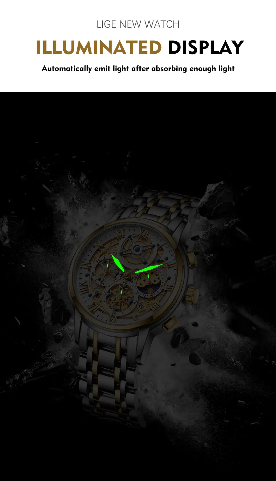 LIGE LG8973 Men's Luxury Quartz Wrist Watch with Moon Phase Dial ...