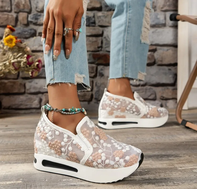 2023 Spring New Lace Mesh Gauze Leisure High Heels Women Casual Shoes ...