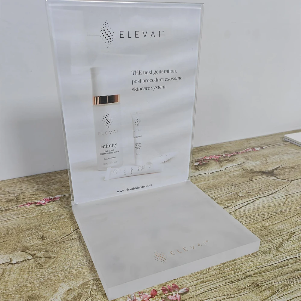 Custom Top Acrylic Cosmetic Display Stand Frosted Logo Base With Insert ...