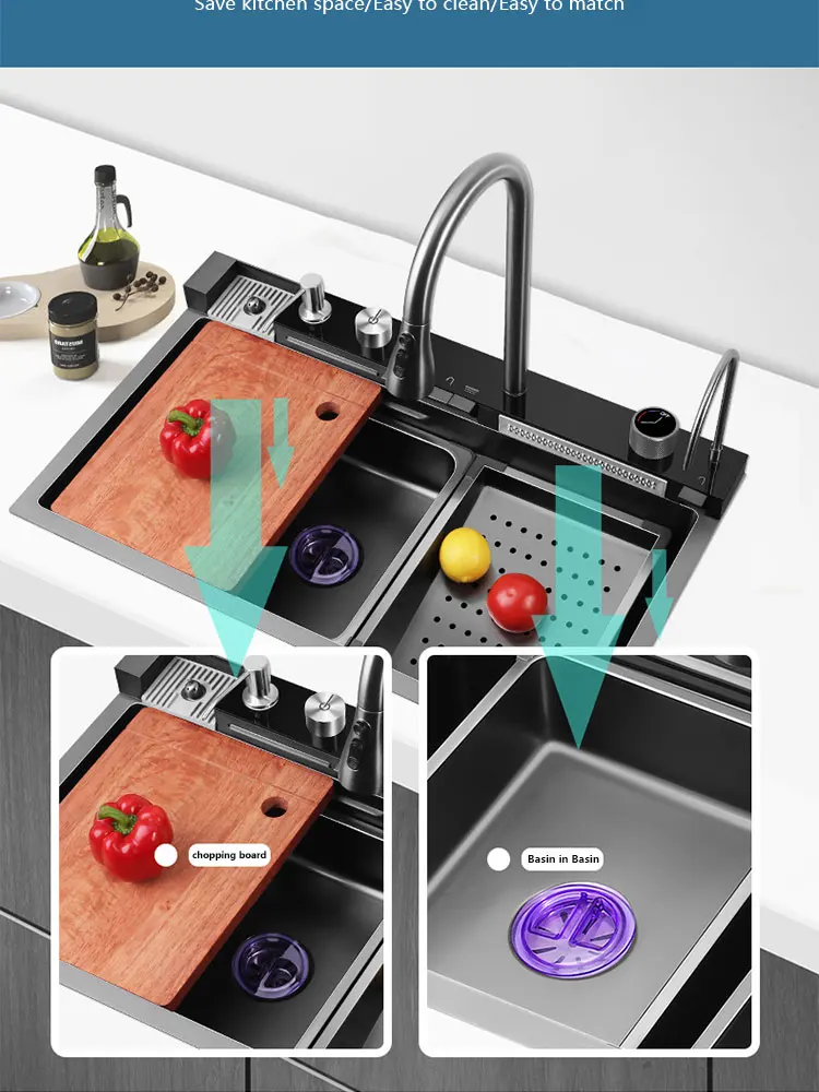 Modern Luxury Smart Multifunction Rainfall Black Sink Waterfall Piano ...